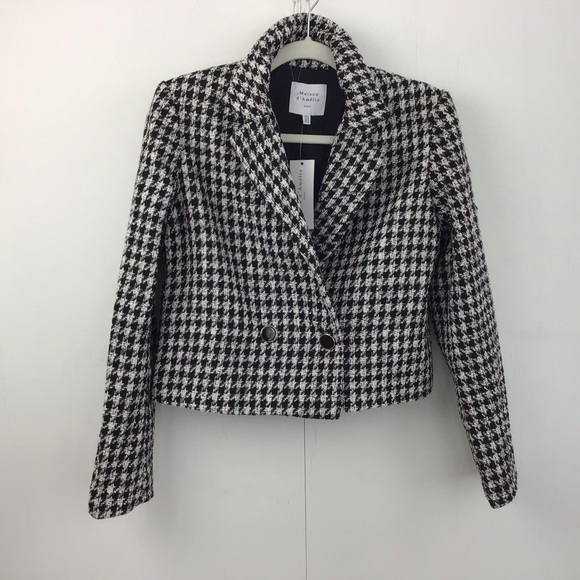 Maison d’ Amelie | Jackets & Coats | Maison Damelie Black White Cropped Houndstooth Blazer Fully ...